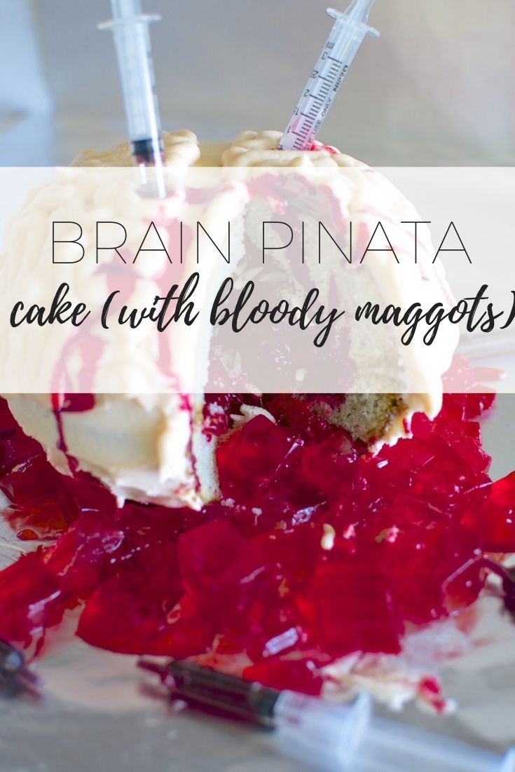 Brain pinata cake filled with bloody maggots - Halloween dessert