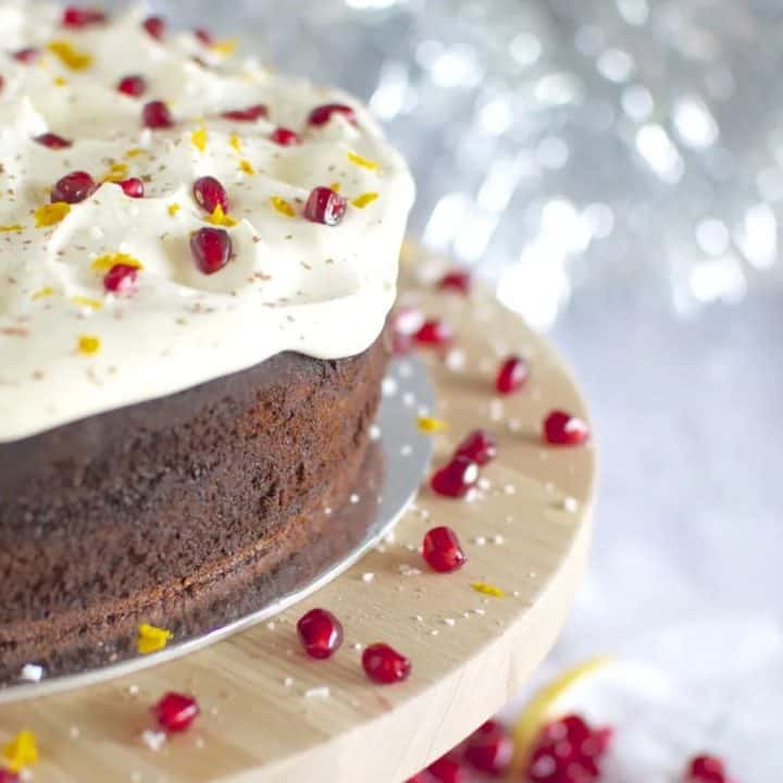 Choc orange Brazilian cake with pomegranates